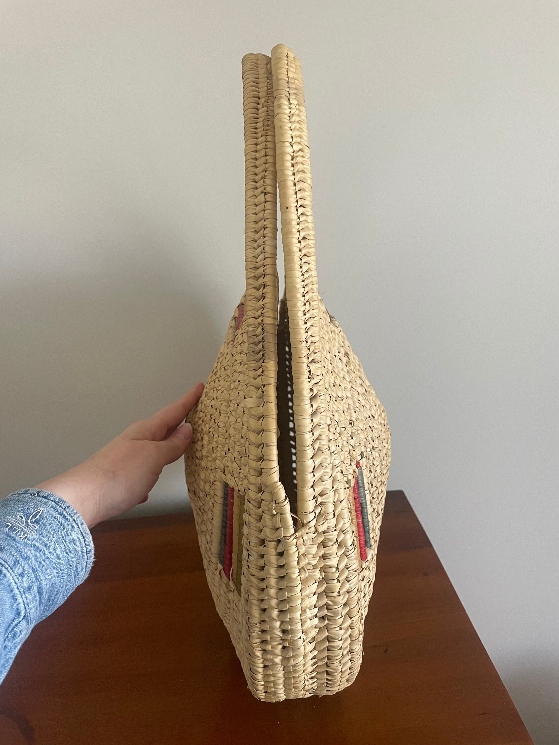 Vintage Large Raffia Bag, Circular, Green/yellow/red/blue, Handmade ...