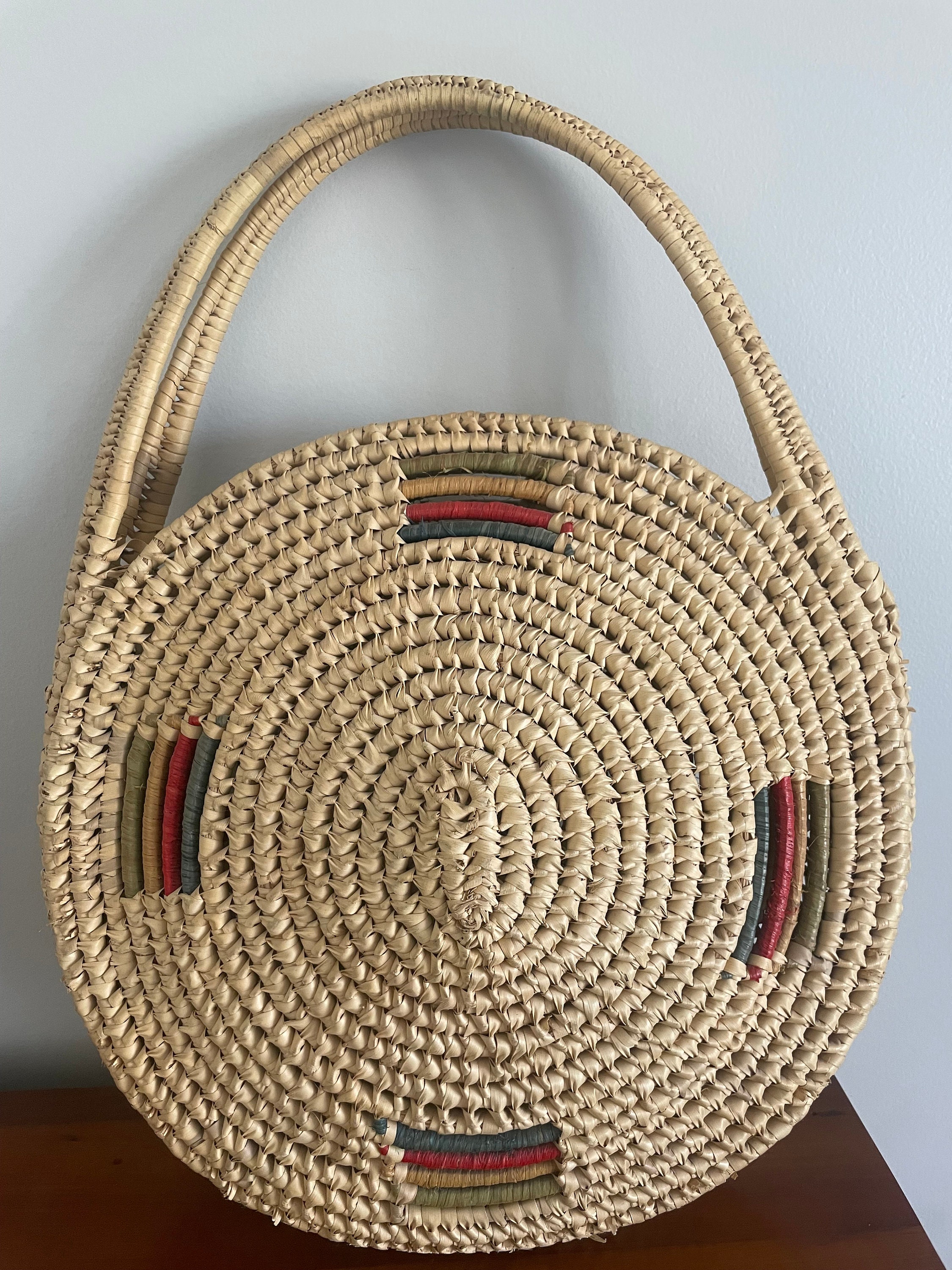 Vintage Large Raffia Bag, Circular, Green/yellow/red/blue, Handmade ...