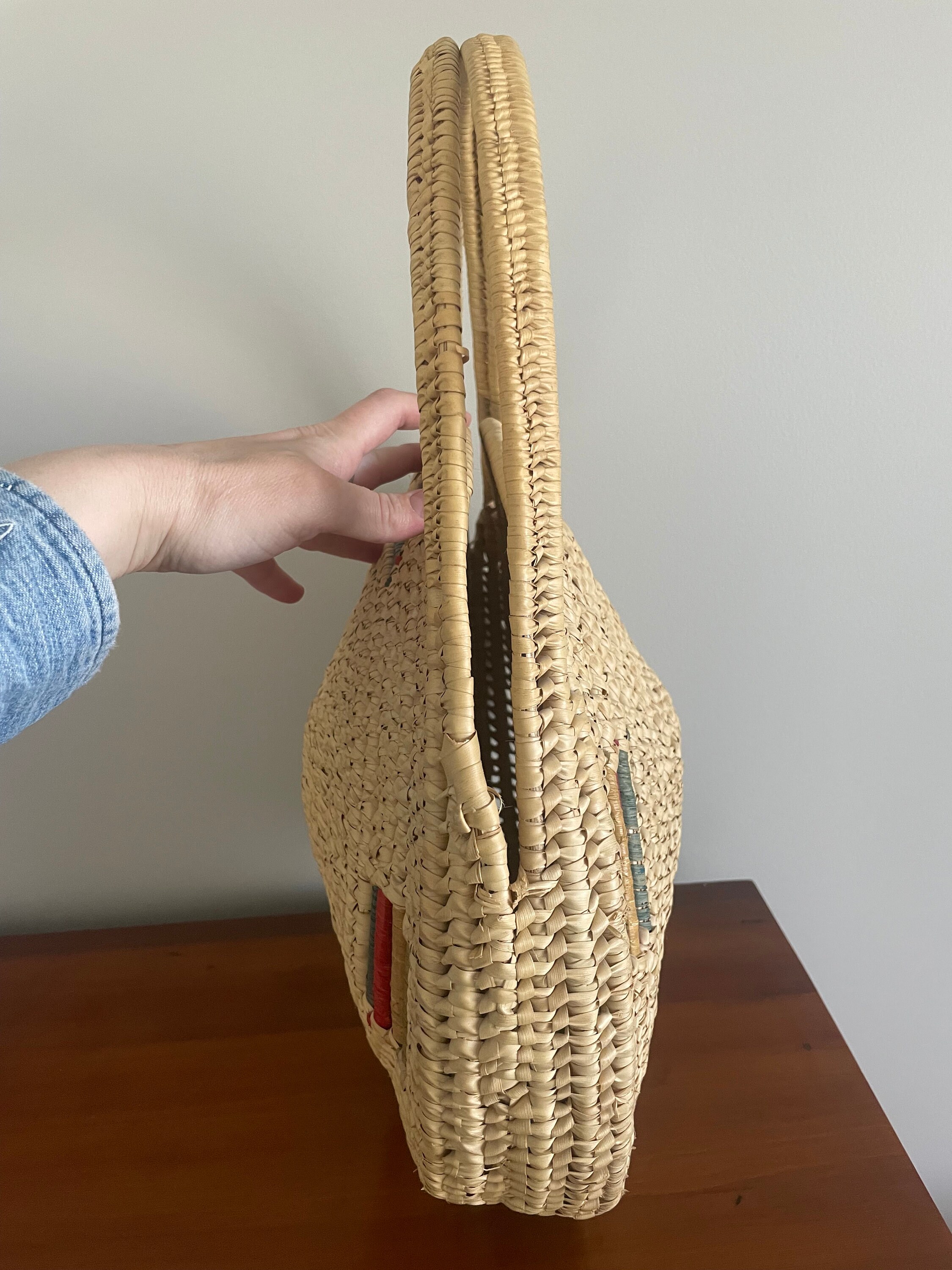 Vintage Large Raffia Bag, Circular, Green/yellow/red/blue, Handmade ...