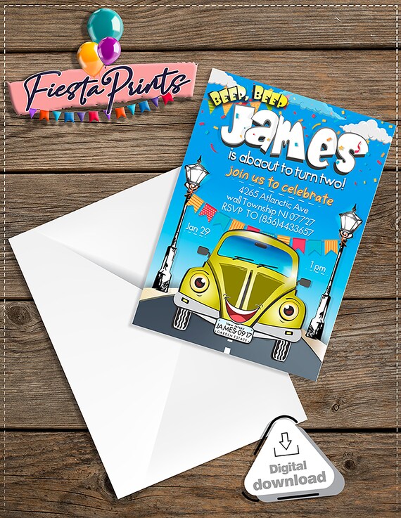 Vintage Car Invite VW Beetle Invitation Birthday Invitation | Etsy