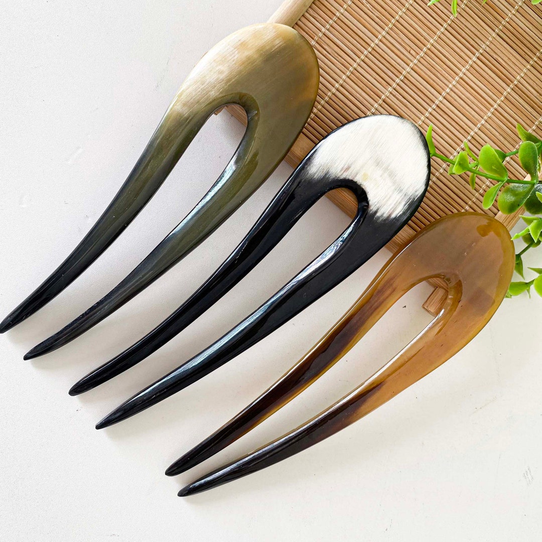 100% Handmade Natural Buffalo Horn Hairpin Pin Stick, Original 2 Prongs ...
