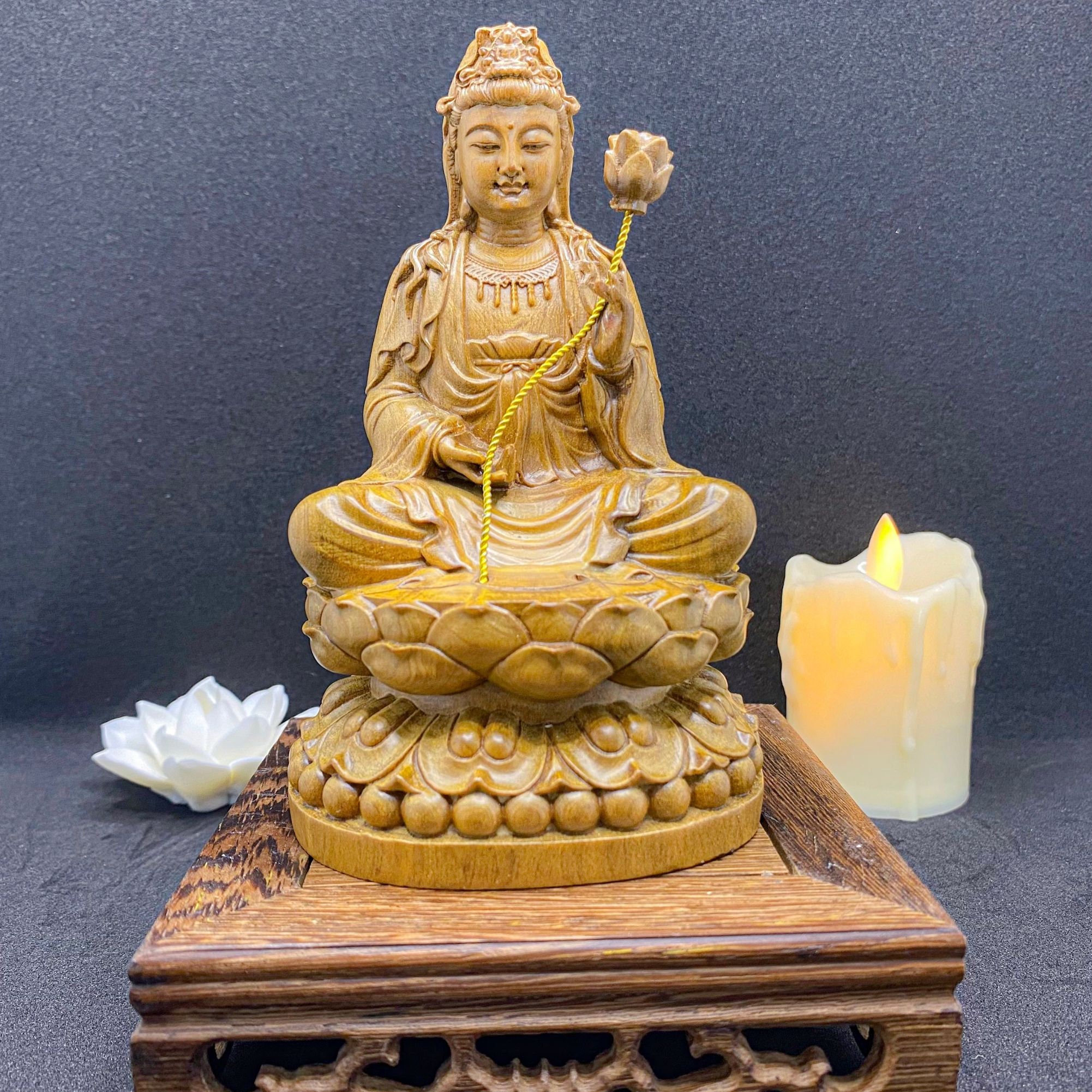 Kuan Yin Statue Feng Shui Wooden Sitting Guan Yin Bodhisattva - Etsy