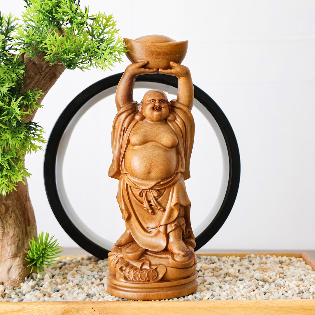 Maitreya Laughing Buddha Statue Small for Home, Wooden Happy Buddha ...