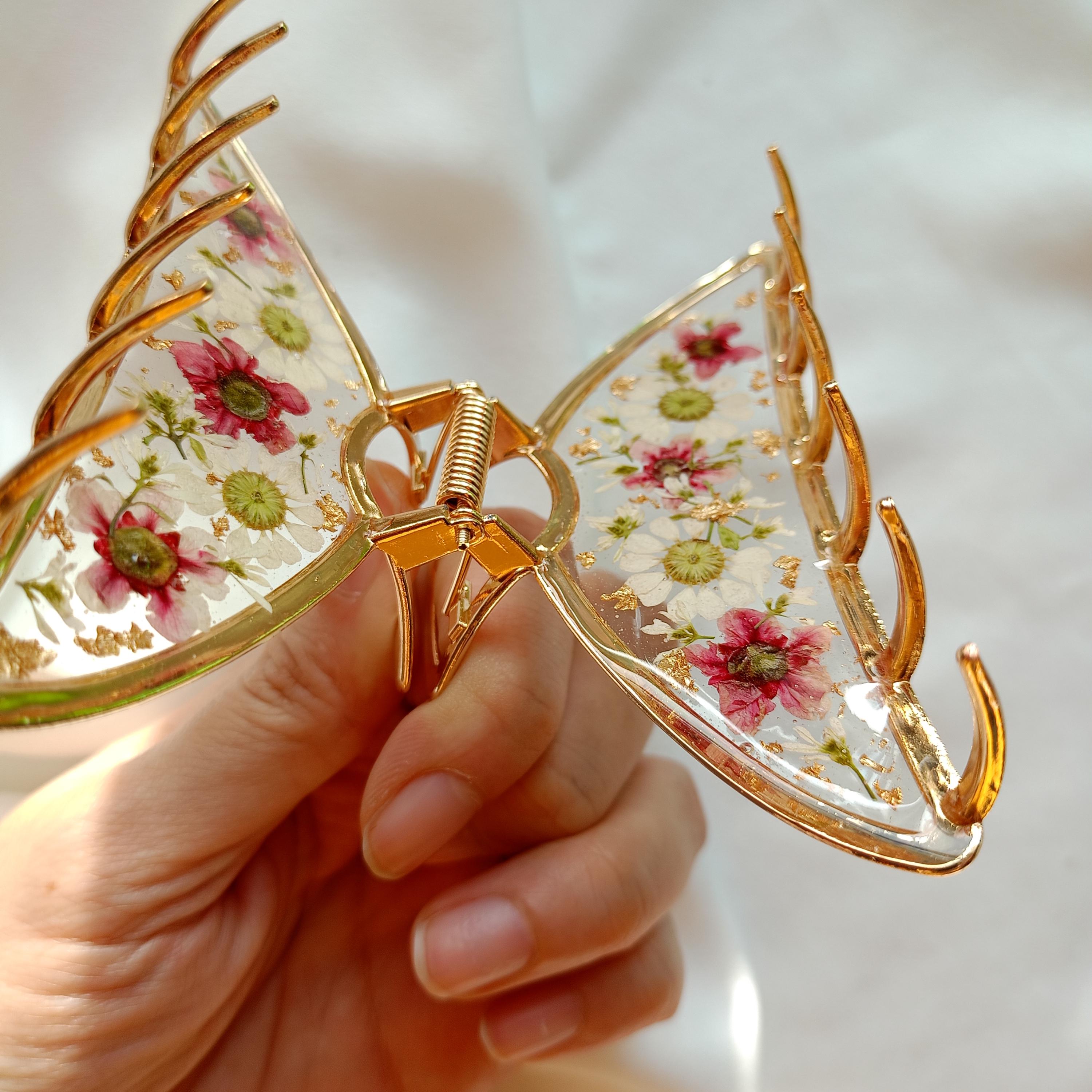 Plum Blossom, Snowdrop & Daisy Resin Hair Claw, Halfmoon Metal Hair Claw, Handmade Women Hair ...