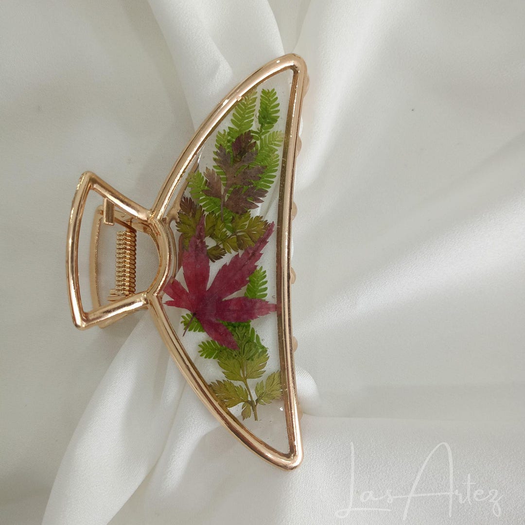 Red Japanese Maple & Wild Leaves Metal Hair Claw, Large Size, Floral Claw Clip, Terrarium ...