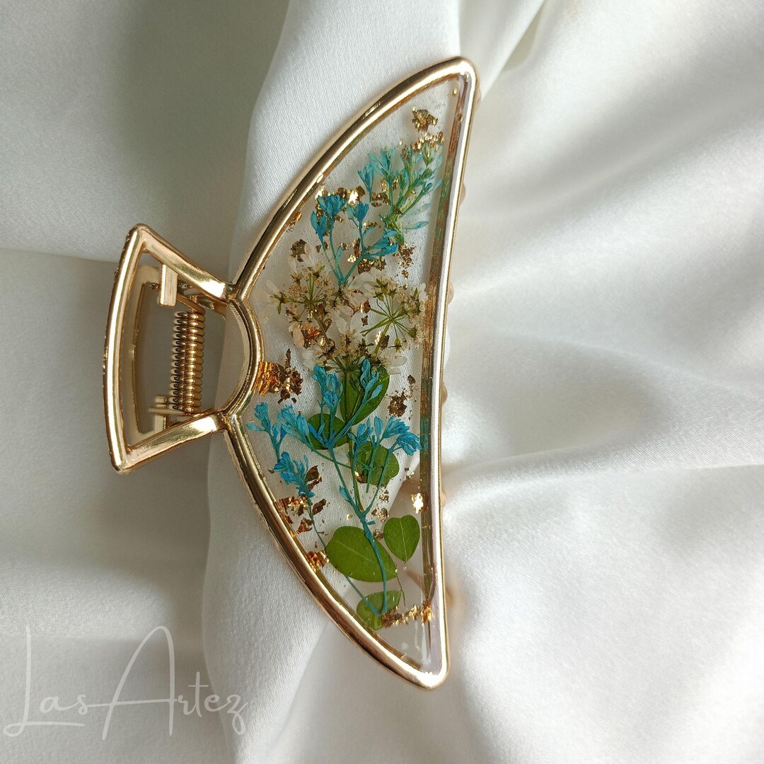 Blue Snowdrop & Wild Coriander Flower Metal Hair Claw, Large Size, Floral Claw Clip, Terrarium ...