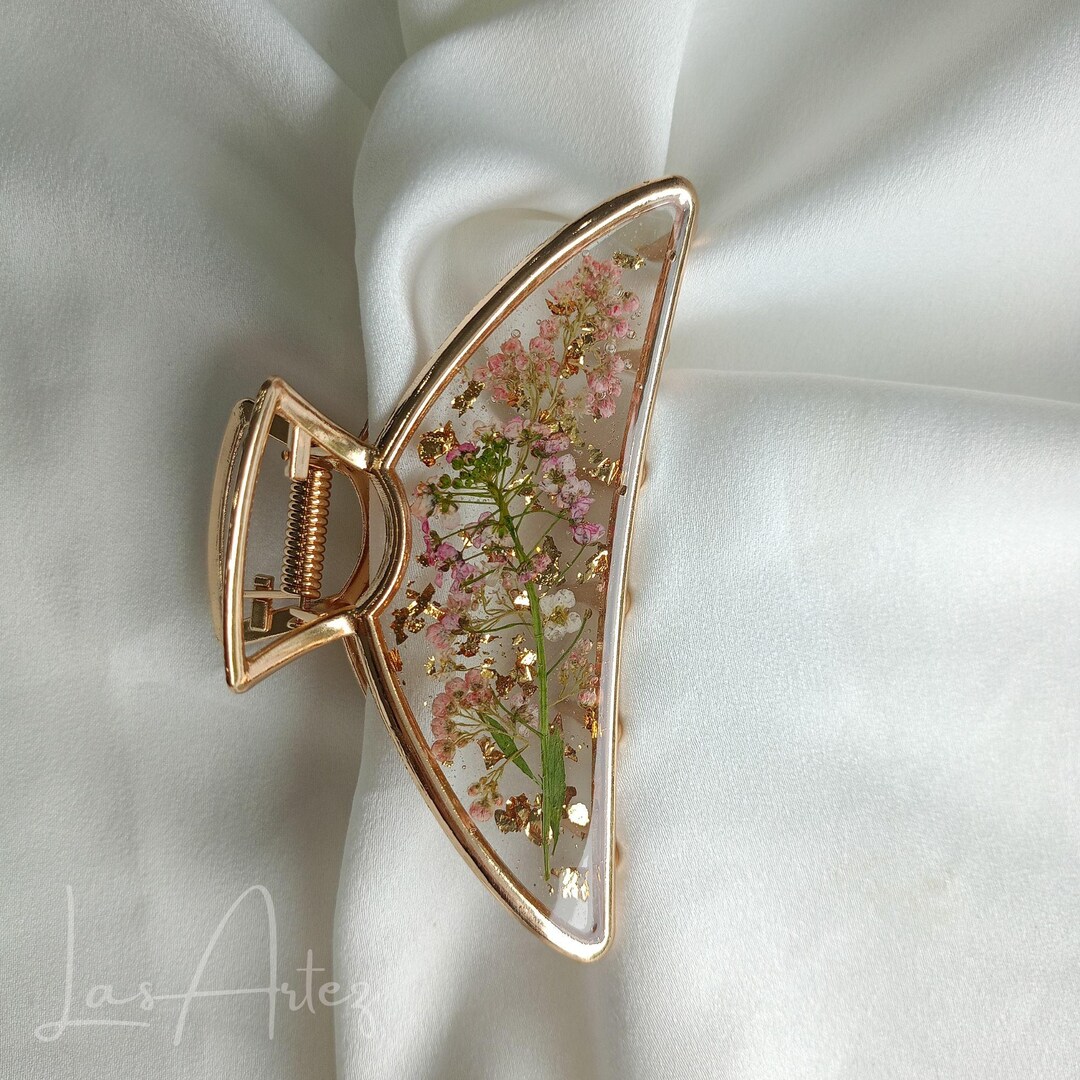 Ozothamnus & Alyssum Flowers Gold Metal Hair Claw, Large Size, Floral Claw Clip, Terrarium ...