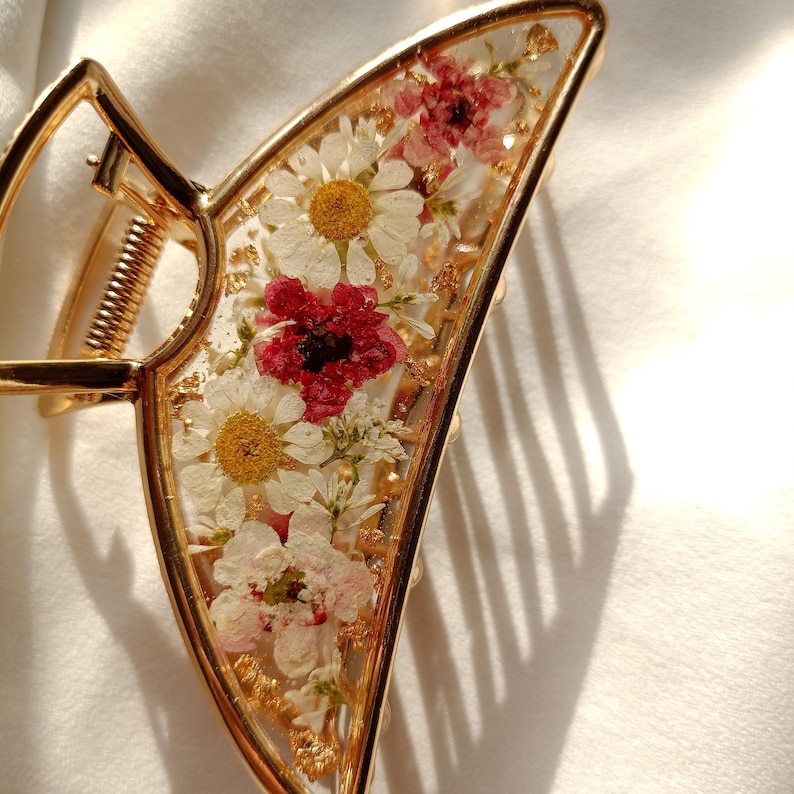 Plum Blossom, Snowdrop & Daisy Resin Hair Claw, Halfmoon Metal Hair Claw, Handmade Women Hair ...