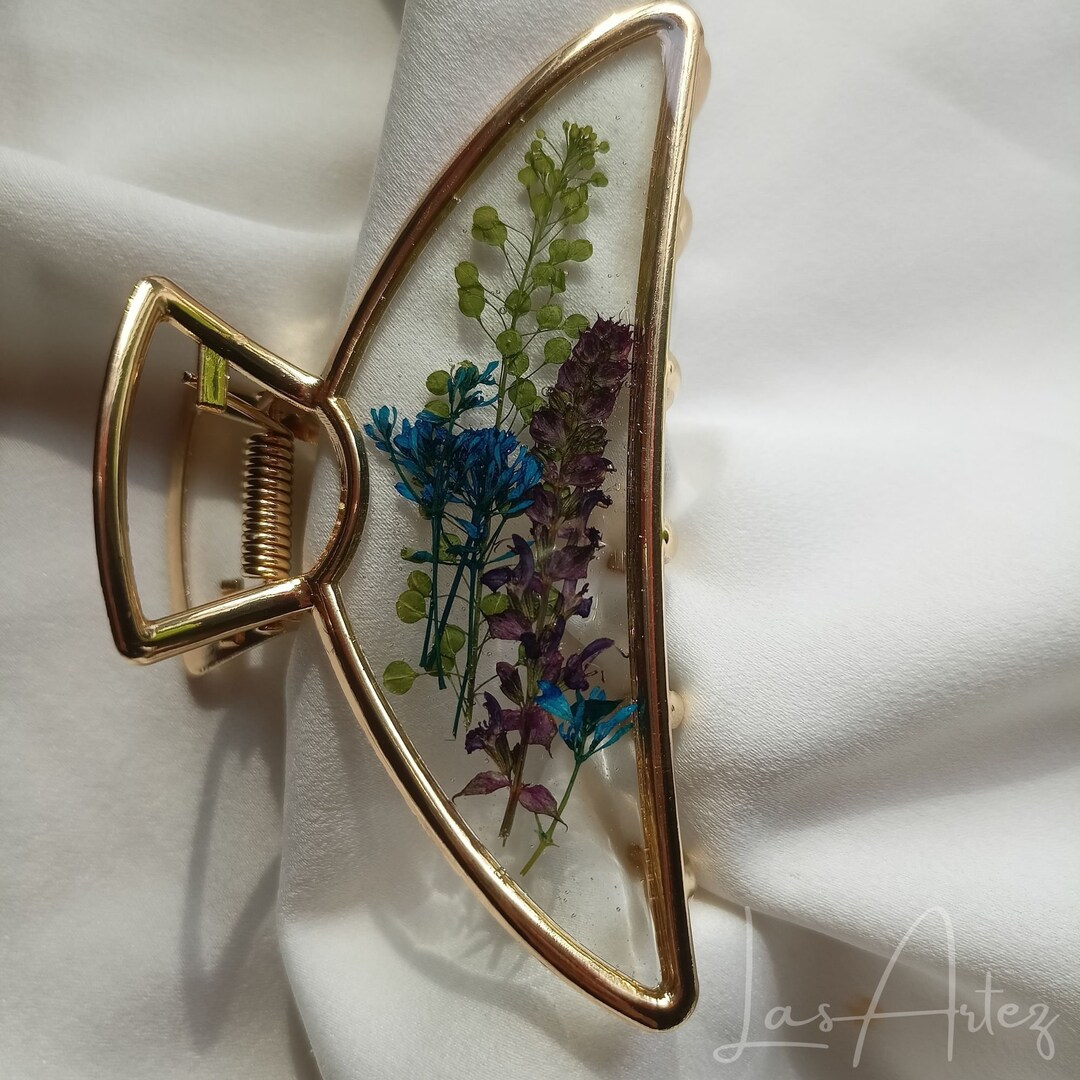 Purple, Blue Wildflowers & Lepidium Gold Metal Hair Claw, ONLY 1, Large ...