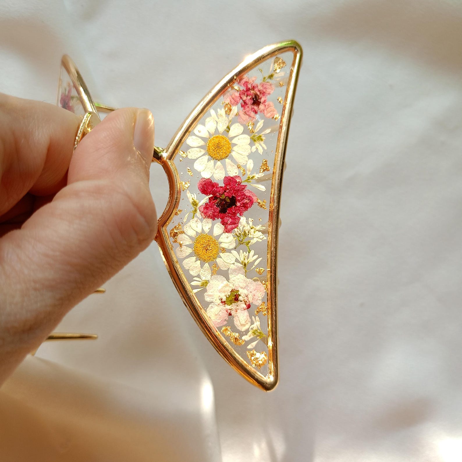 Plum Blossom, Snowdrop & Daisy Resin Hair Claw, Halfmoon Metal Hair Claw, Handmade Women Hair ...