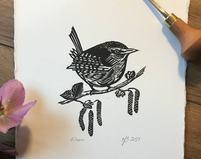 The Wren Original Linocut Wren With Catkins and Hazel Detail - Etsy
