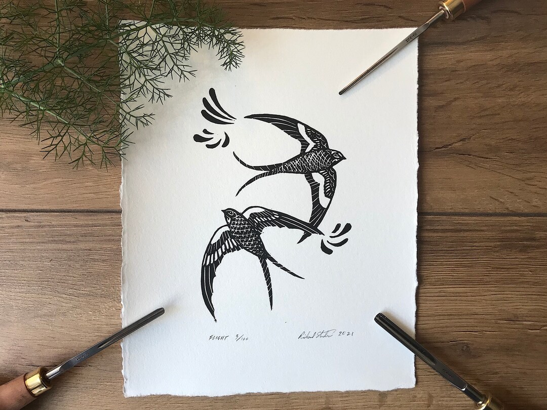 Flight, Linocut, Limited Edition, Swift, Swallows, Bird Art, Richard ...