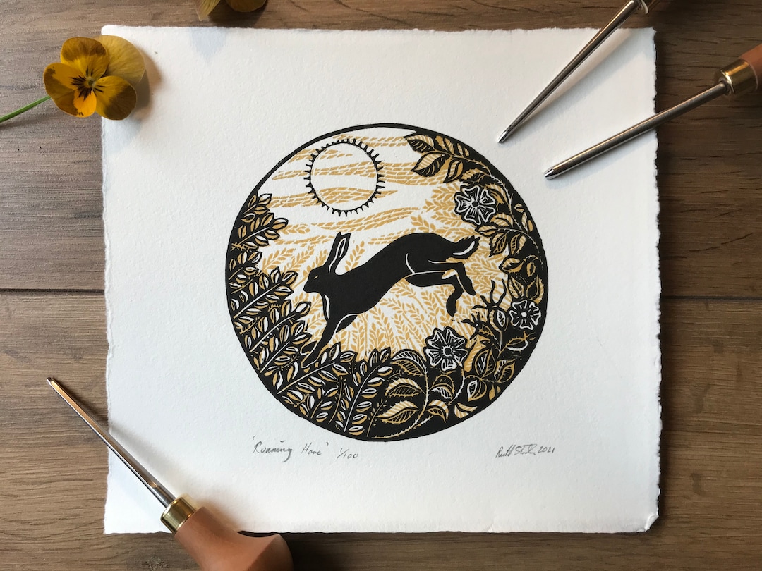 Running Hare Linocut Limited Edition, Richard Studer, Handmade, Hare ...