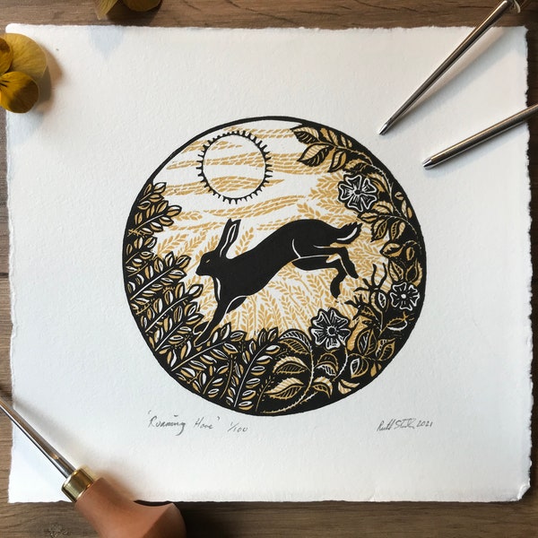 Linocut Hare - Etsy