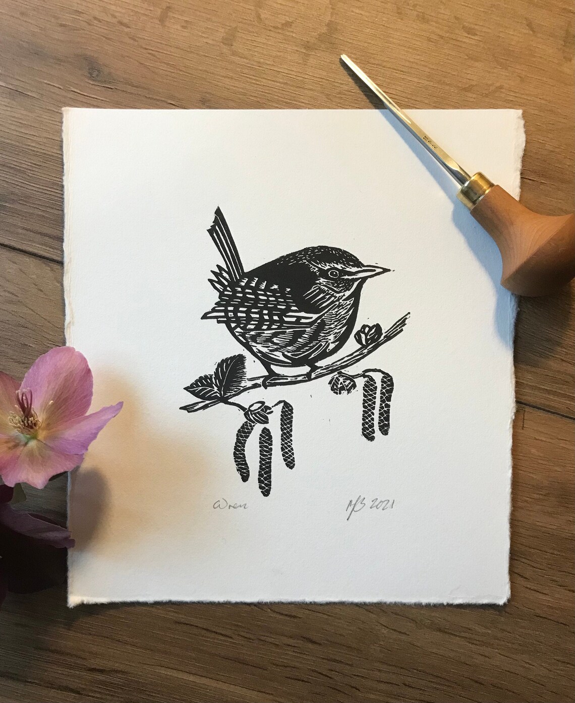 The Wren, Original Linocut Wren With Catkins and Hazel Detail, Bird Art ...