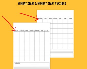 Bold Font - Blank Calendar W/ Notes Section W/ Add Own Dates -- Sunday ...