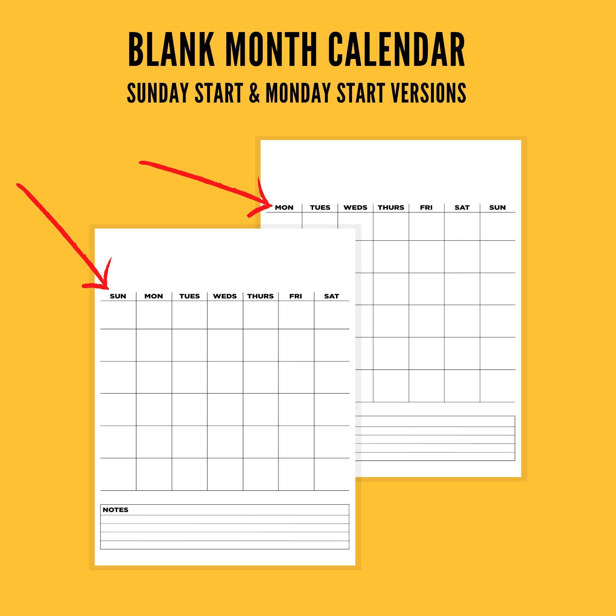 Bold Font - Blank Calendar W/ Notes Section W/ Add Own Dates -- Sunday ...