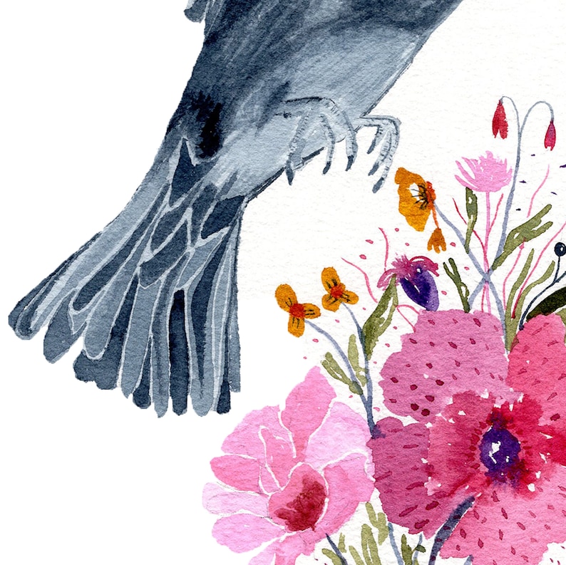 Blue Bird Pink Flowers, A4 Art Print of My Original Watercolor Artwork ...