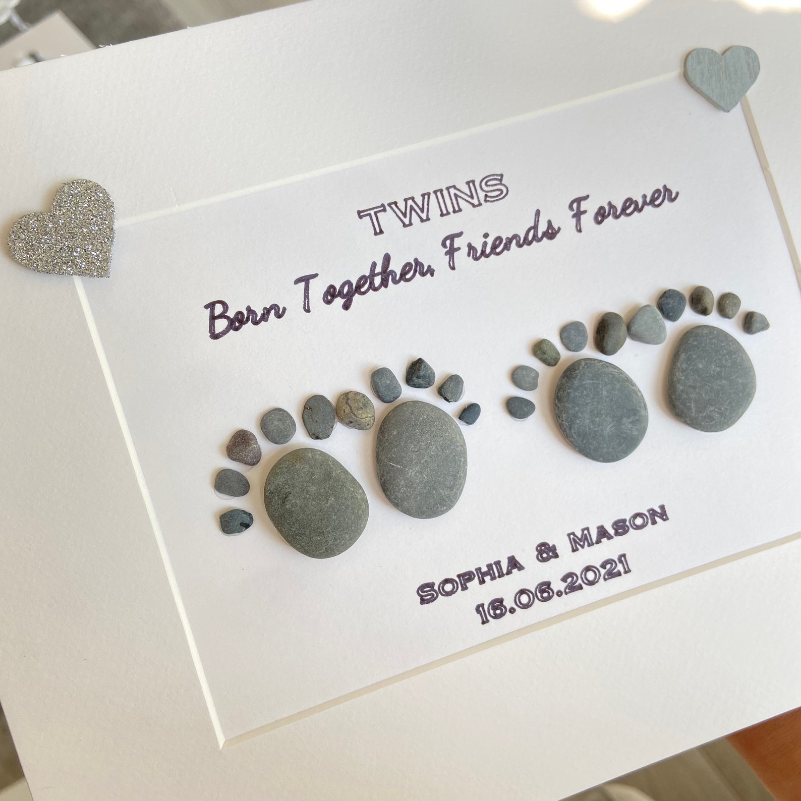 Twins Feet Personalised Baby Pebble Art Picture Gift for New Parents to ...