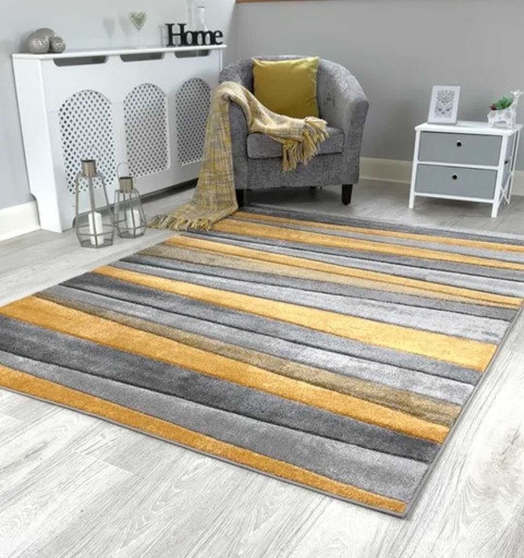 New Small Large Mustard Ochre Silver Grey Wave Design Area Rugs Mats - Etsy UK