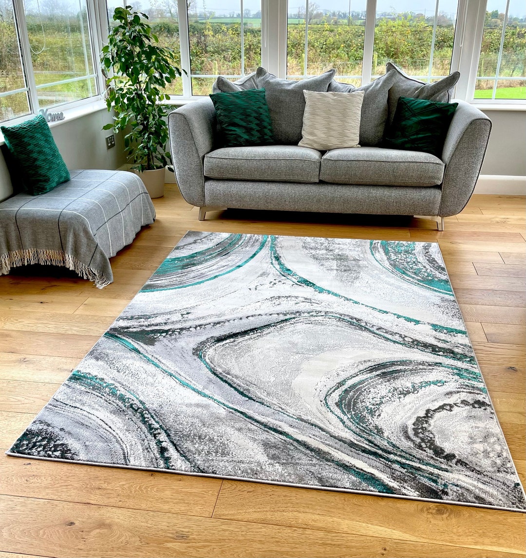 Green Silver Grey Marble Shimmer Sheen Effect Modern Rug Silky Soft ...