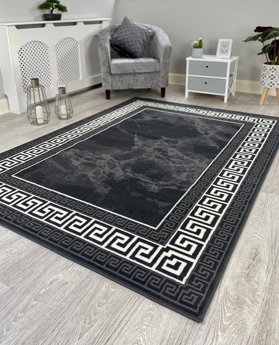New Modern Grey Greek Border Rugs Mats Large Small Hallway Runners Area ...