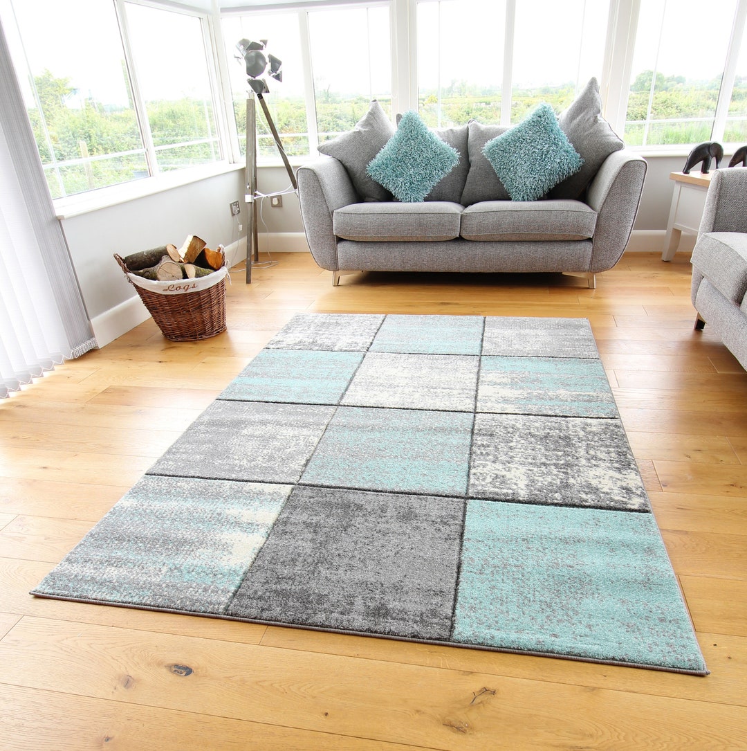 New Duck Egg Blue Silver Grey Cream Rugs Small Large Mats Modern Blocks ...