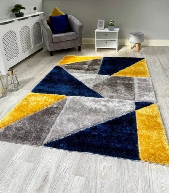 New Silky Soft Ochre Mustard Navy Grey Silver Tufted Triangles 3D Design Rug