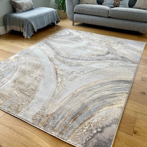 Beige Silver Grey Marble Shimmer Sheen Effect Modern Rug Silky Soft ...