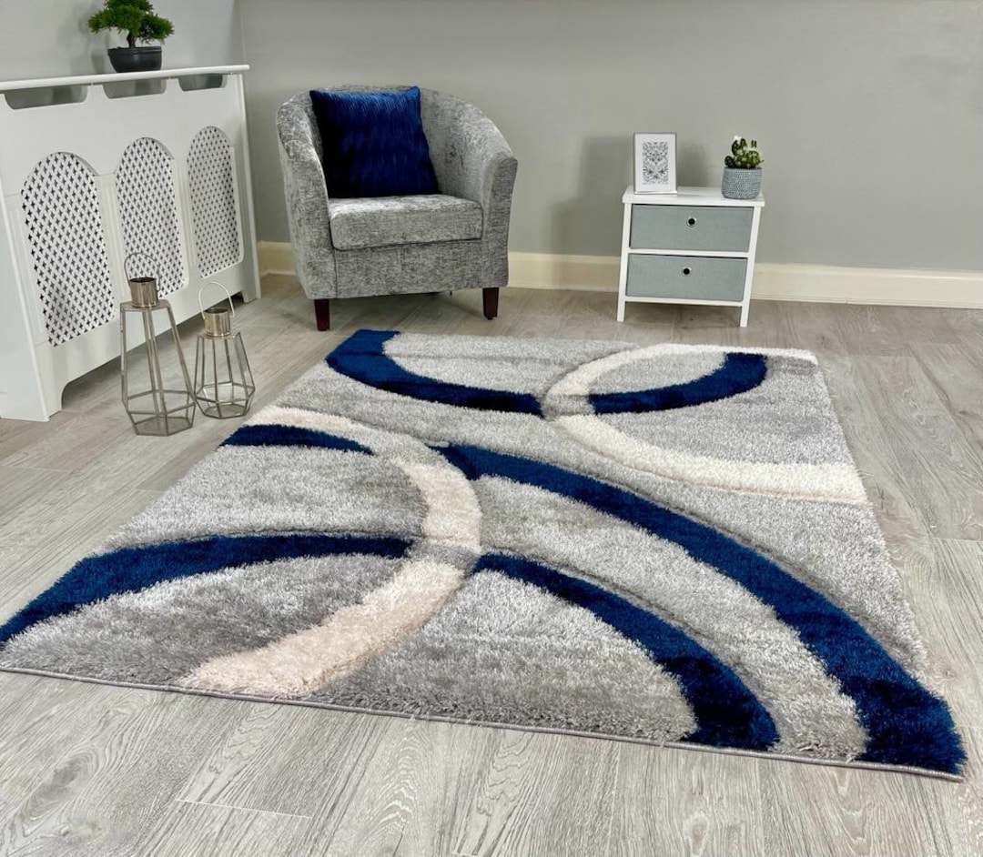 New Silky Soft Navy, Grey, Ivory, Hand Tufted Rings Design Shag Pile ...