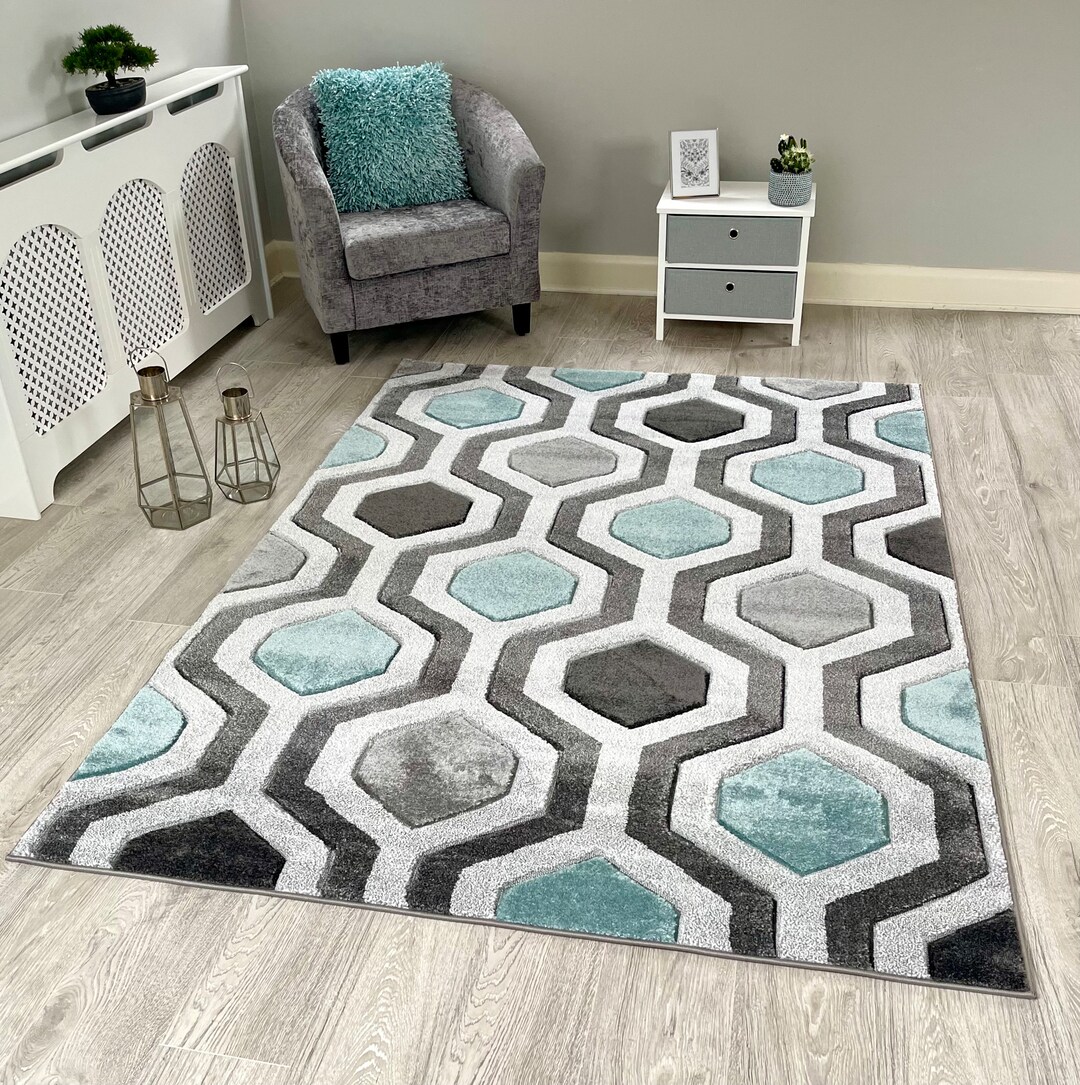 New Small Large Duck Egg Blue Silver Grey Hexagon Design Area Rugs Mats ...