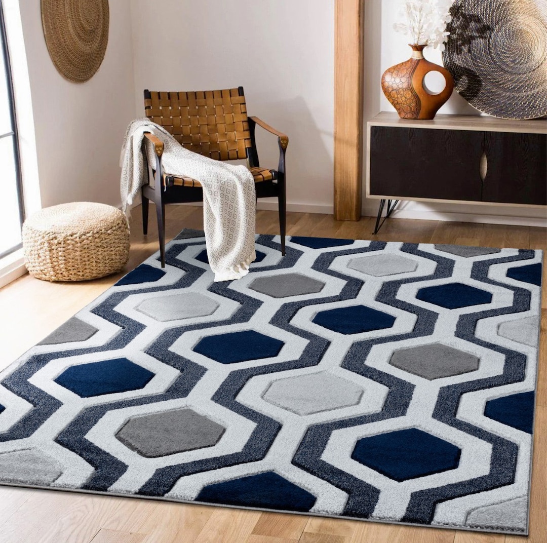 New Small Large Navy Blue Silver Grey Hexagon Design Area Rugs Mats - Etsy