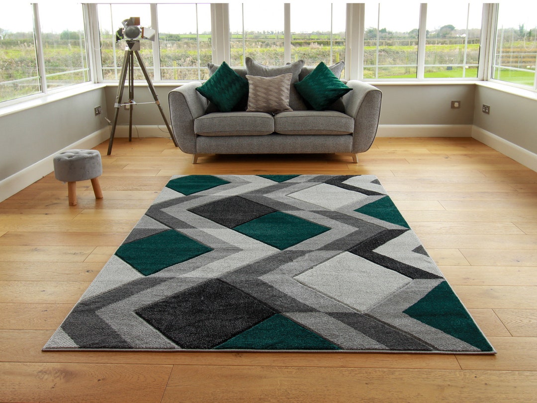 New Emerald Green Silver Grey Rugs Small Large Mats Modern Contemporary ...
