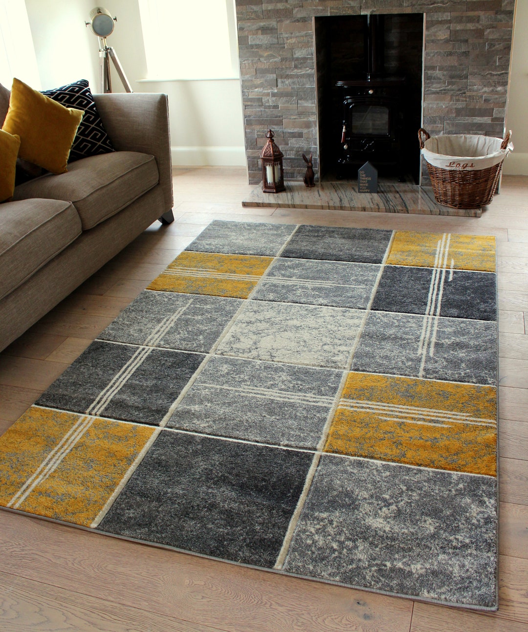 New Mustard Ochre Silver Grey Rugs Small Large Mats Modern Blocks ...
