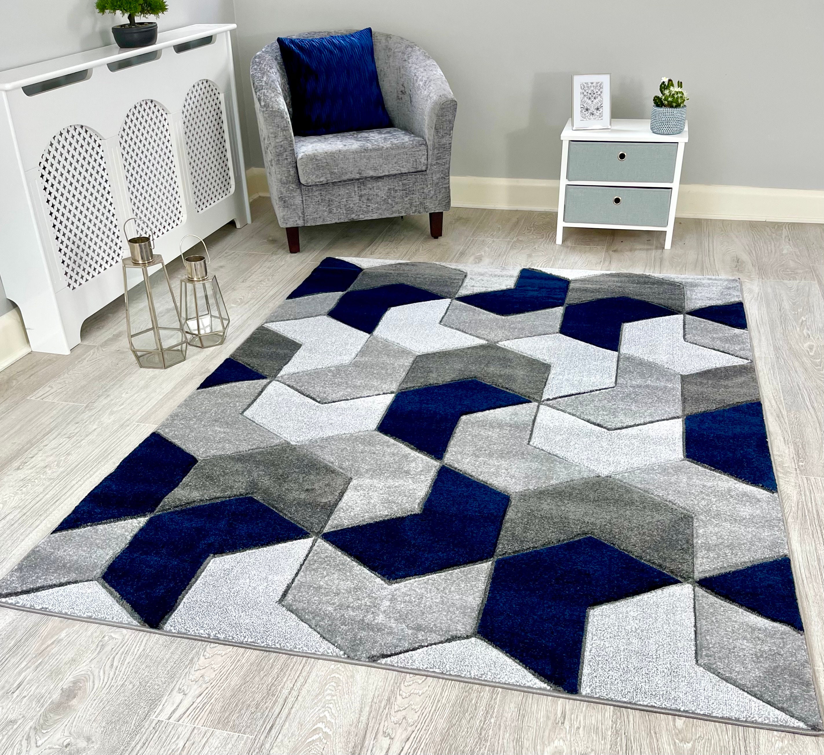 New Small Large Navy Blue Silver Grey Puzzle Design Area Rugs Mats