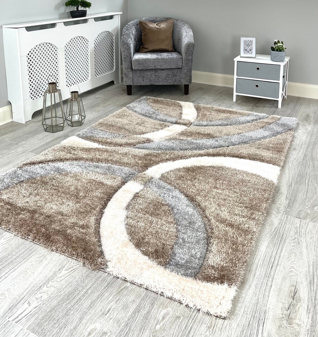 New Silky Soft Beige, Silver, Ivory, Hand Tufted Rings Design Shag Pile ...