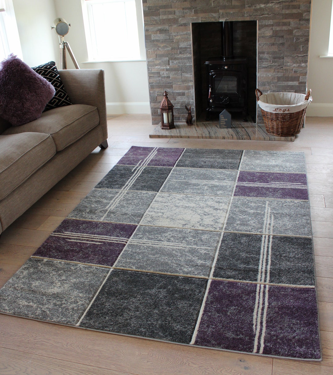 New Mauve Silver Grey Rugs Small Large Mats Modern Blocks Design UK - Etsy