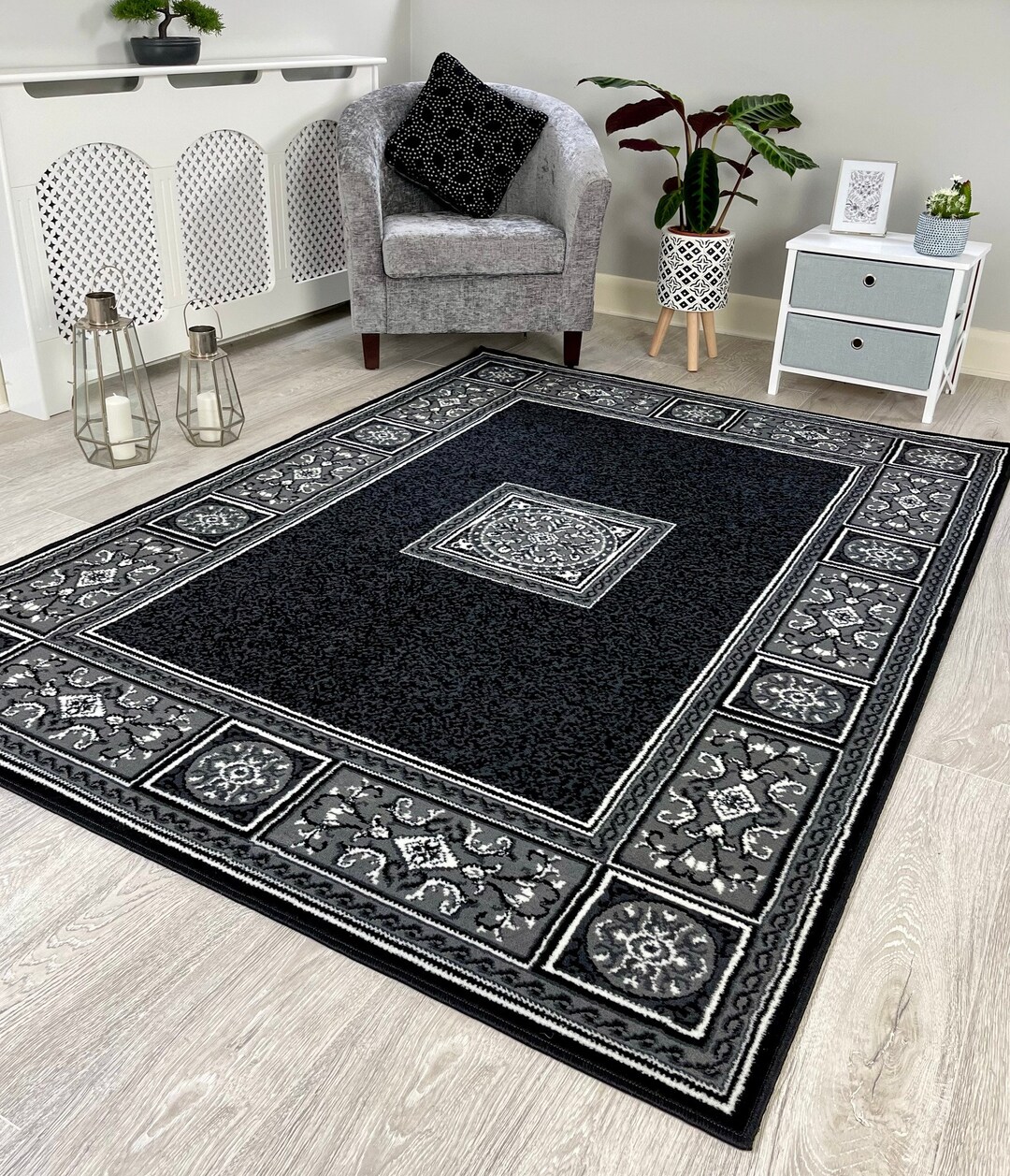 New Modern Dark Grey Border Rugs Mats Large Small Hallway Runners Area ...
