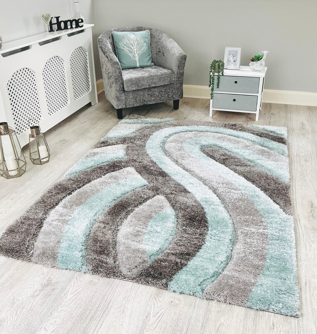 New Silky Soft Duck Egg Blue, Grey, Silver, Tufted Swirl 3D Design Rug ...