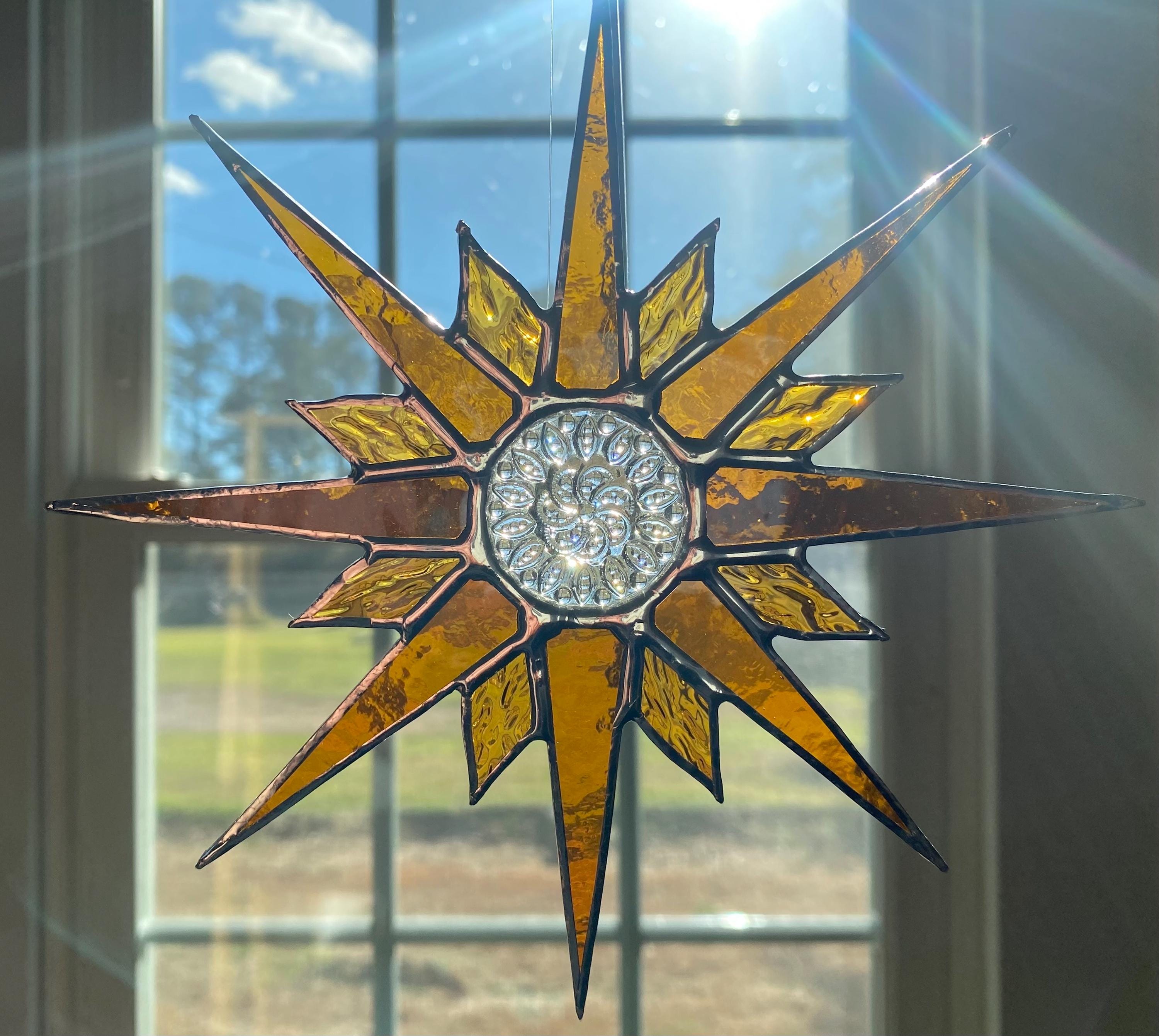 Stained Glass Sunburst Suncatcher: Yellow Textured Glass With Gem Face ...