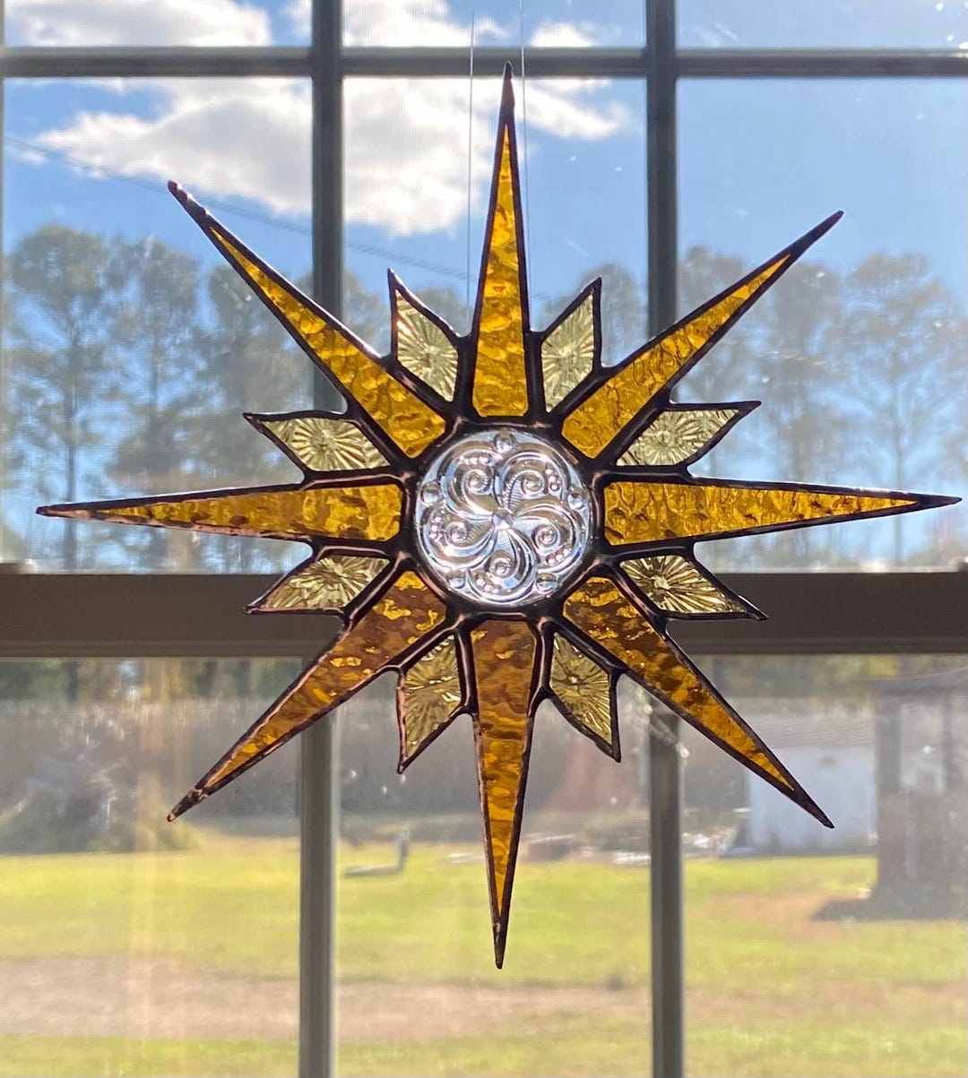 Stained Glass Yellow Sunburst Sunface Suncatcher, Golden Sunburst ...