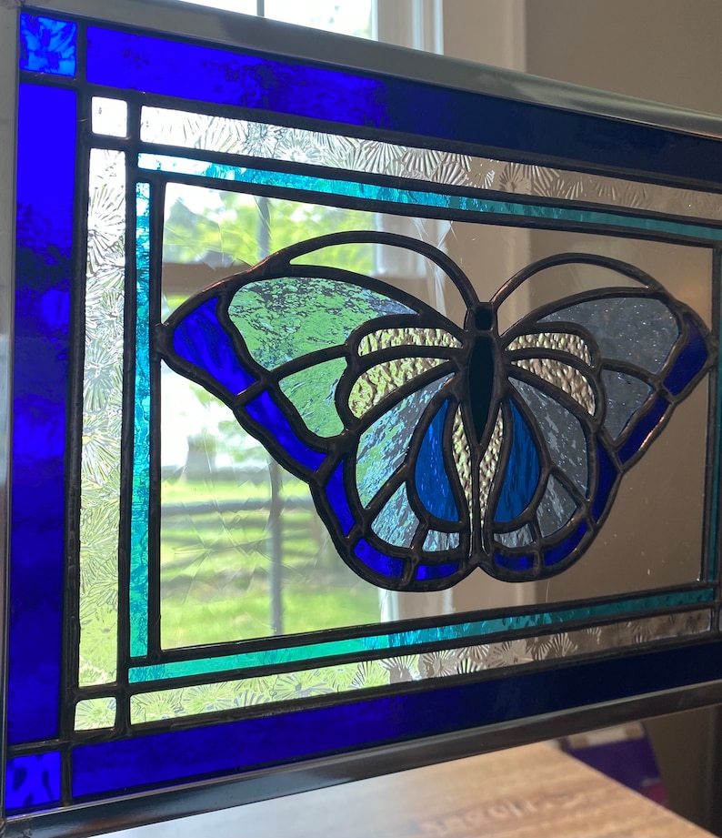 Stained Glass Blue Butterfly Window Panel - Etsy