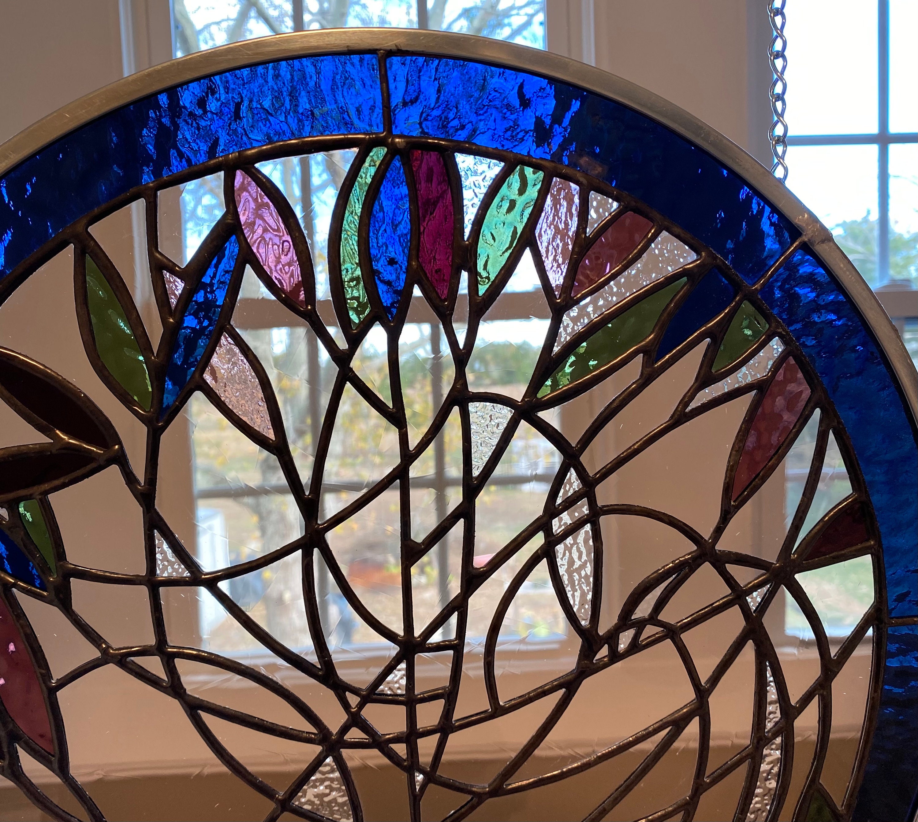Round Stained Glass Window Panel: Swirling Leaves, Jewel Tones, Blue ...