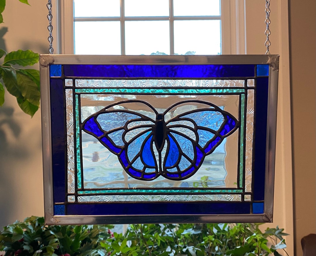 Stained Glass Blue Butterfly Window Panel - Etsy