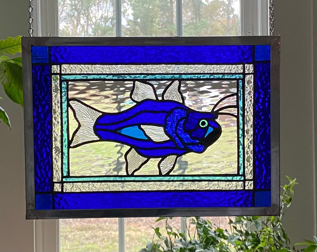 Stained Glass Fish Panel, Cobalt Blue Fish, Fish Stained Glass - Etsy