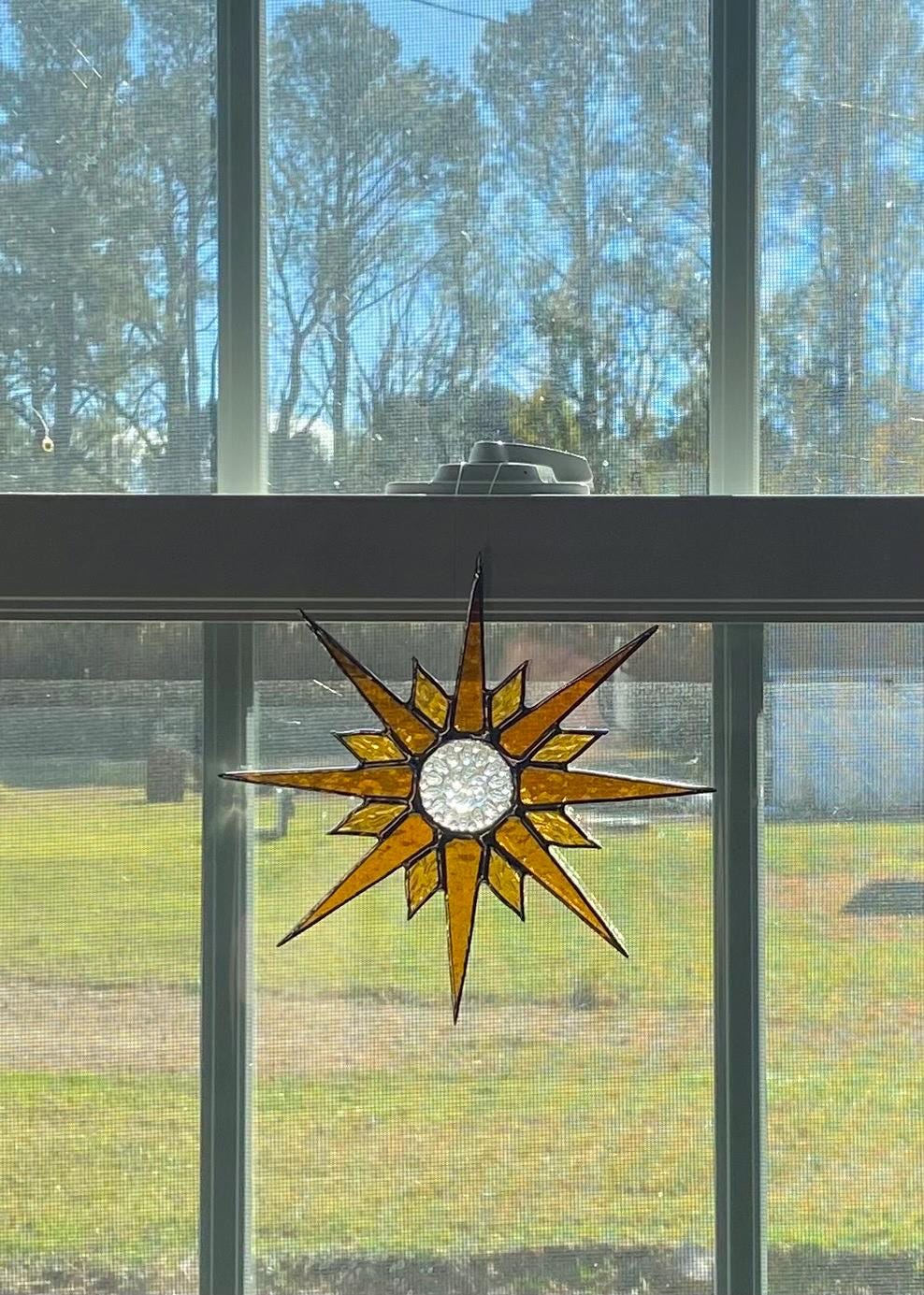 Stained Glass Sunburst Suncatcher: Yellow Textured Glass With Gem Face ...