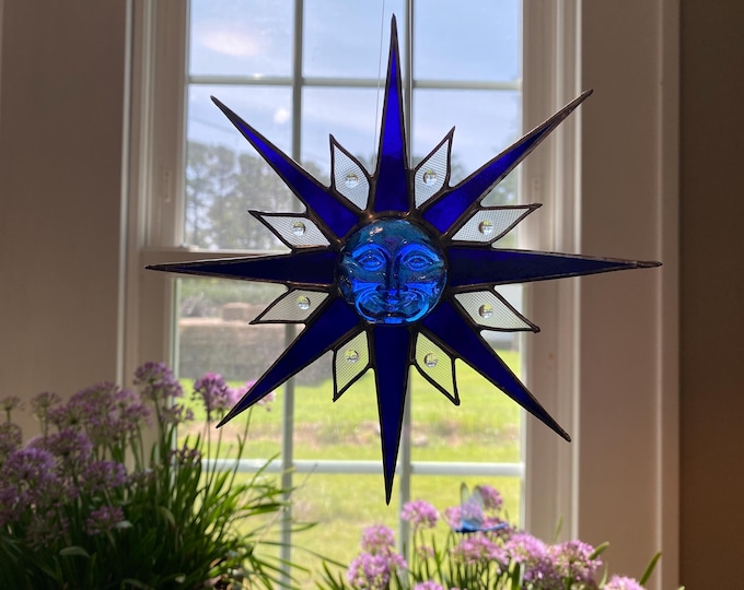 Stained Glass Sun Suncatcher, Sunface Suncatcher, Cobalt Blue Sun ...