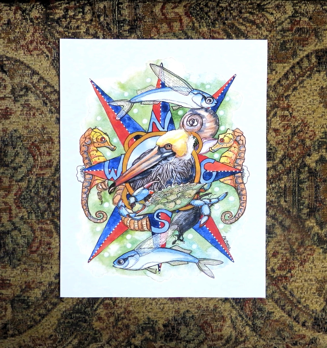 Pelican Compass Rose Print, Flying Fish and Seahorses - Etsy