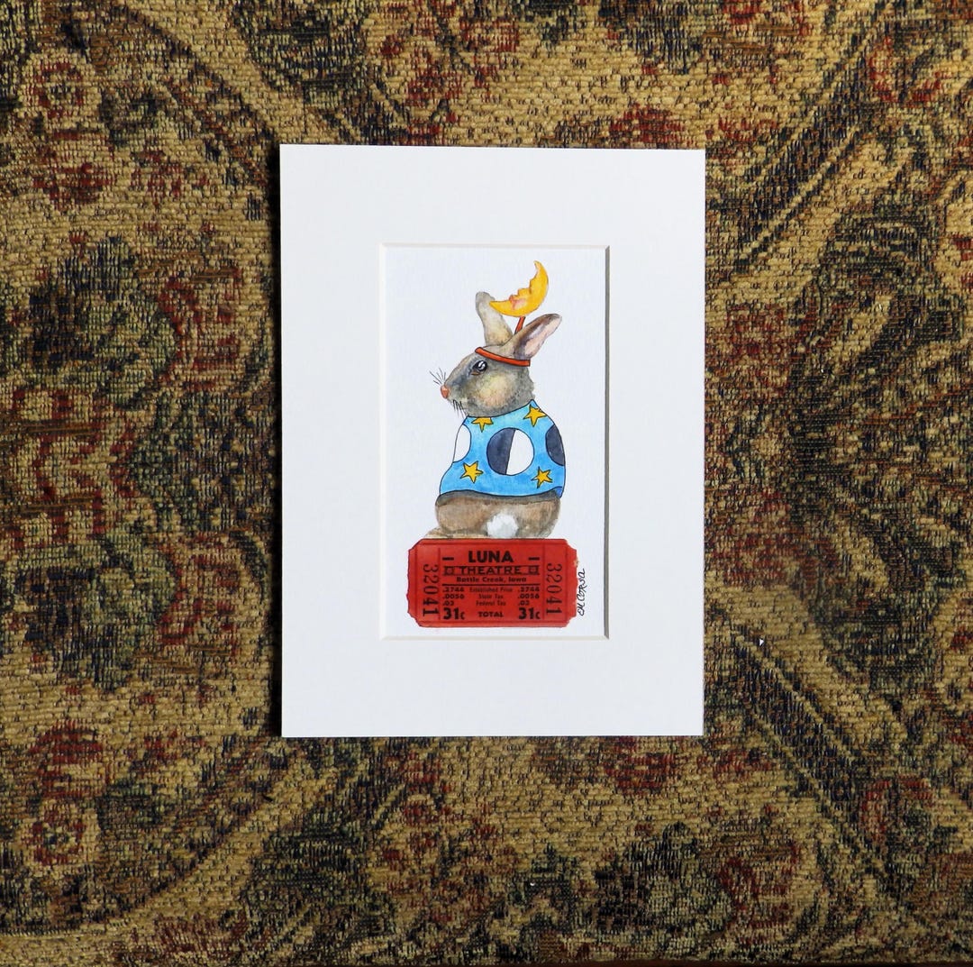 Lunar Rabbit, Original Watercolor Painting Featuring a Vintage Ticket ...