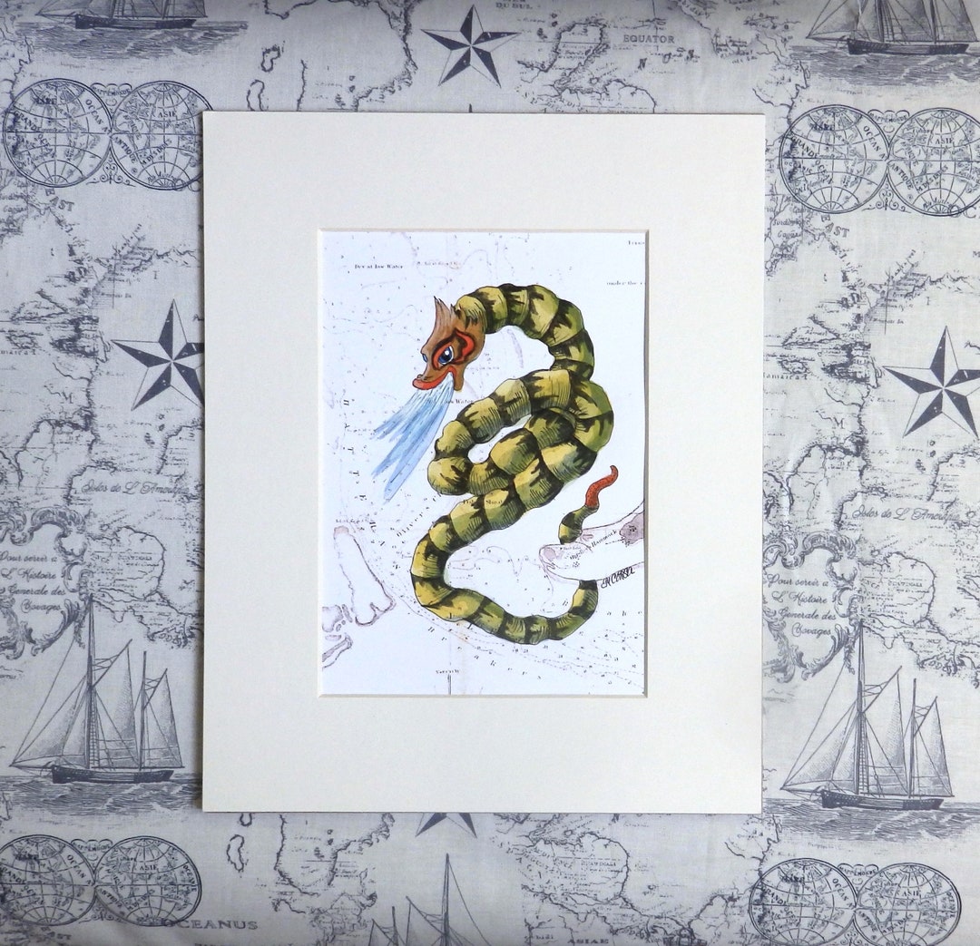 Sea Serpent, Original Painting on Reproduced Antique Map of the Outer ...